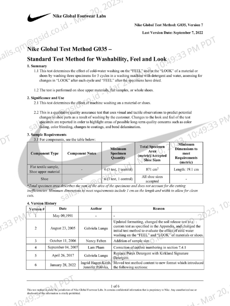 NIKE G035 - Washability, Feel and Look | PDF