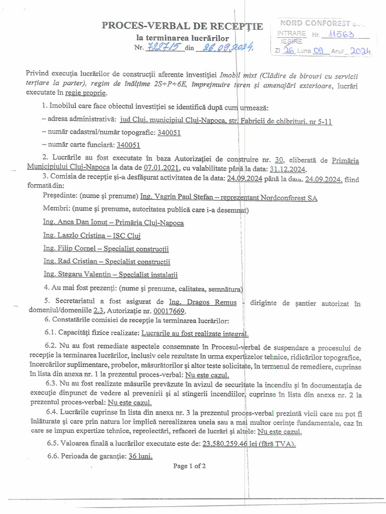 2024.09.26-11563-Proces Verbal de Receptie La Terminarea Lucrarilor-NCF Business Center | PDF