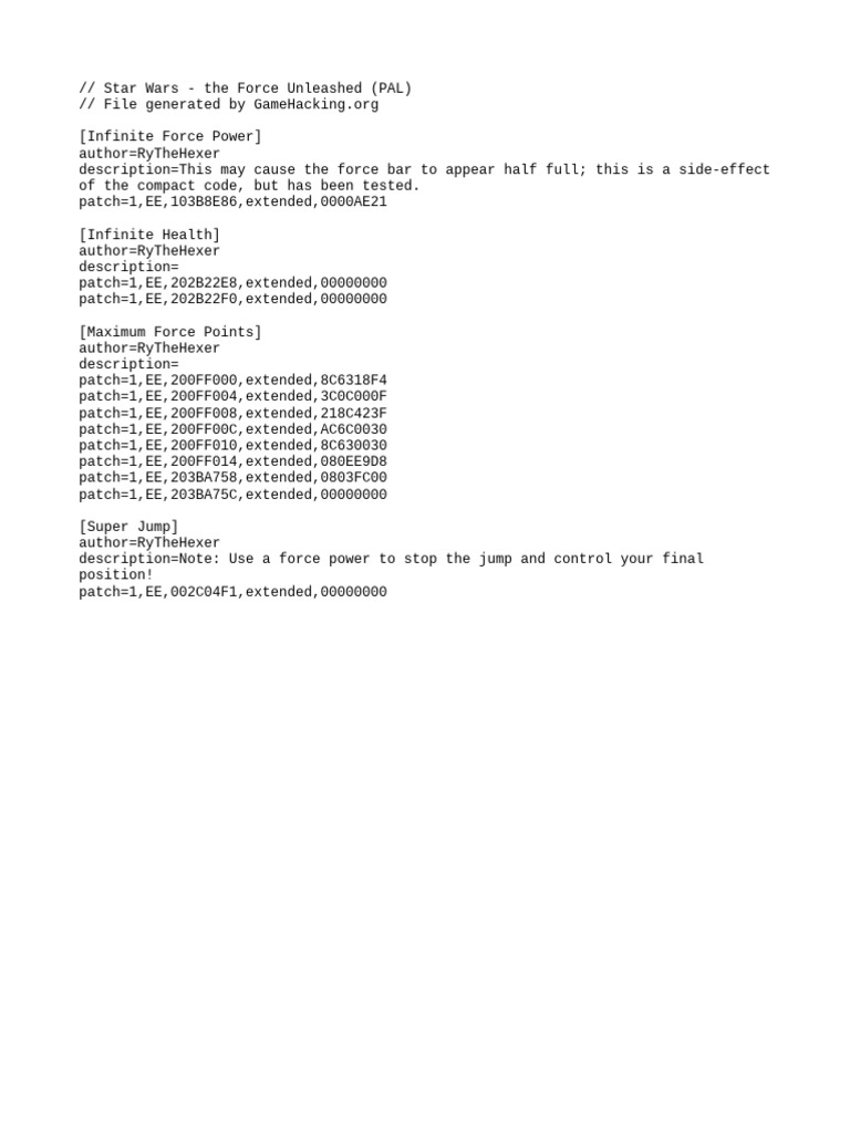 Star Wars - The Force Unleashed (PAL) .Pnach | PDF