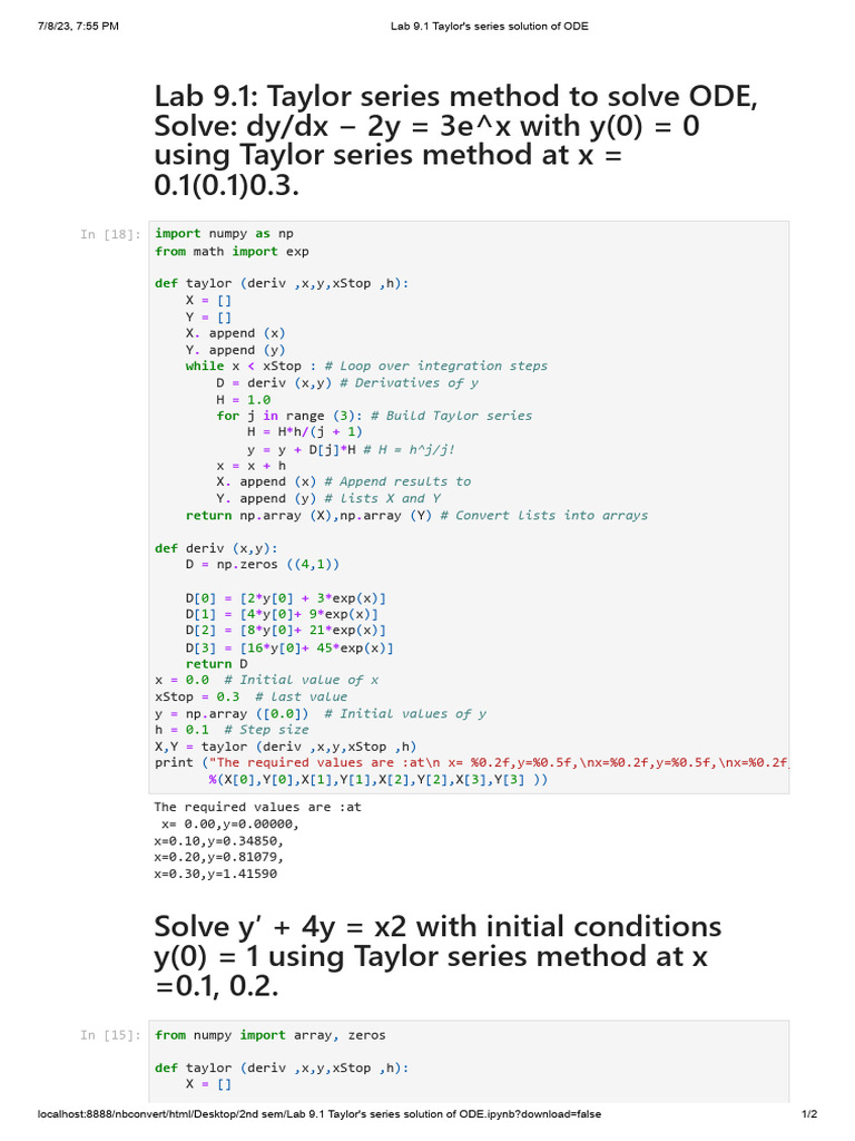 Taylor Series Solutions for ODEs | PDF