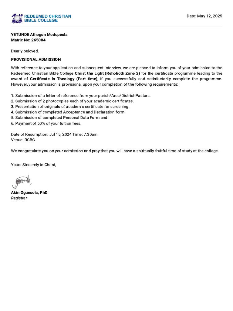 RCBC - Edu.ng Applicants Print - Aspx Sel1 RCBCADMISSIONLETTER - %% - Ry4xpLZ66F4Ia2sVTF3UoQ | PDF