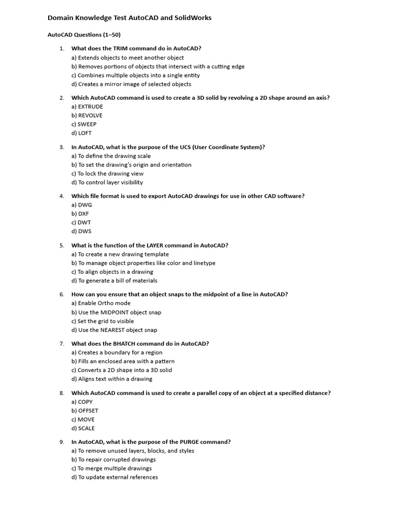 AutoCAD and SolidWorks Knowledge Test | PDF