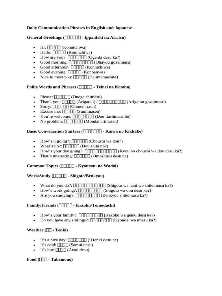 Daily Communication Phrases in English and Japanese | PDF