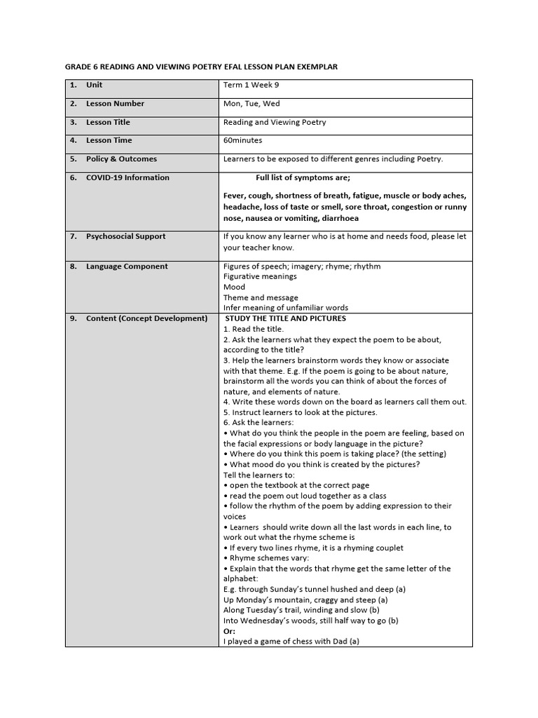 Lesson Plan R V Poetry Exemplar Grade 6 Efal | PDF | Poetry | Reading ...