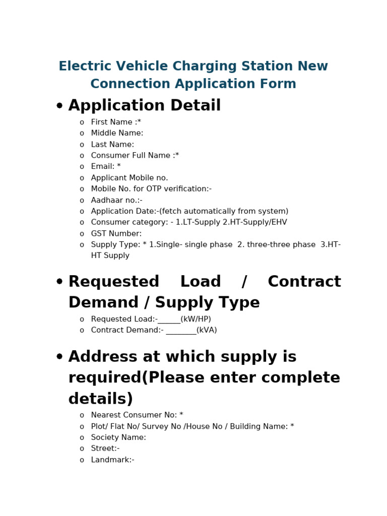 Electric Vehicle Charging Station New Connection Application | PDF