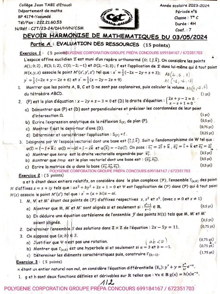 Bac Blanc Mai 2024 Jean Tabi Maths Tc | PDF