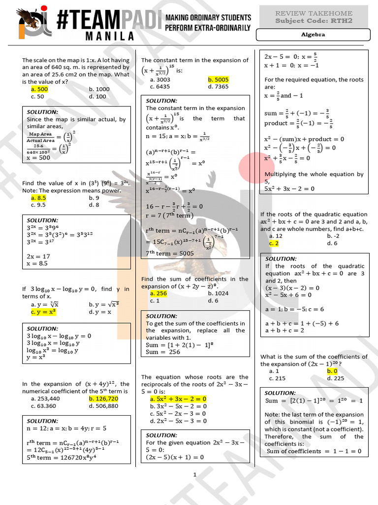 RTH 2 (Algebra) April 2025 Solution | PDF | Equations | Pound (Mass)