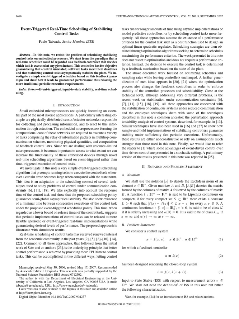 Event-Triggered Real-Time Scheduling of Stabilizing Control Tasks | PDF ...