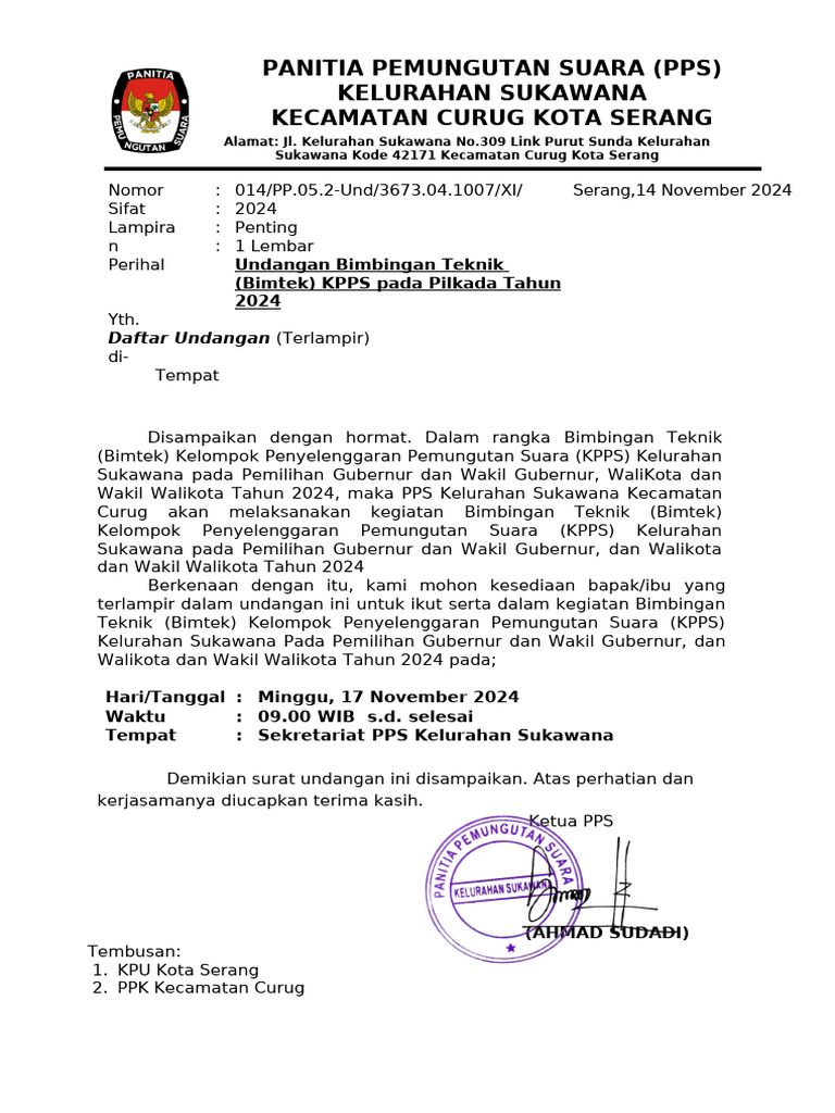 UNDANGAN BIMTEK KPPS KEL. SUKAWANA | PDF