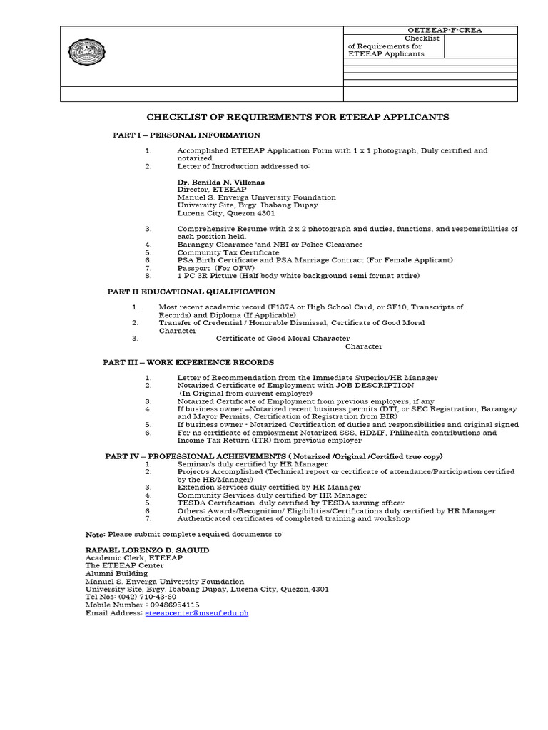 Updated Eteeap Applicant Requirements | PDF