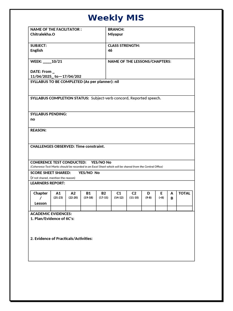 MIS Report for Week 10, 2025-26 | PDF