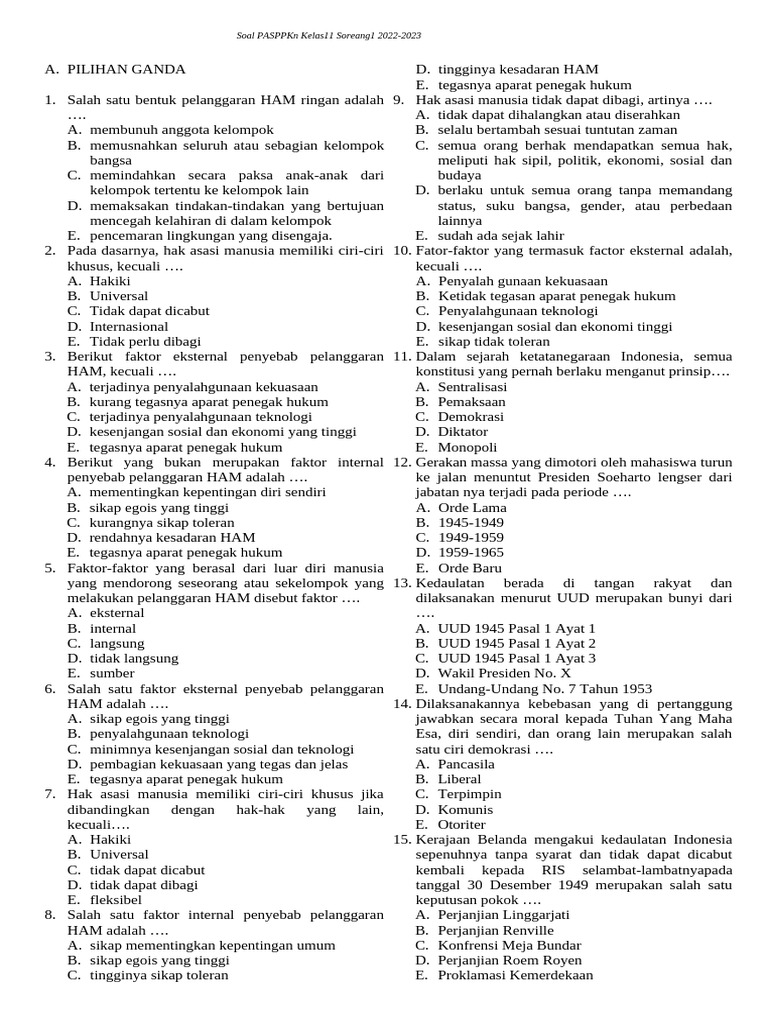 SOAL PAS PPKN Kelas 11 Semester 1 2022 - 2023 | PDF