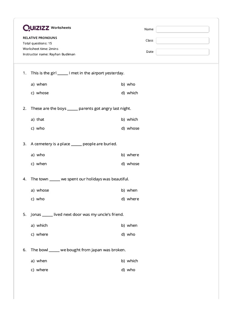 Relative Pronouns Worksheet with Answers | PDF