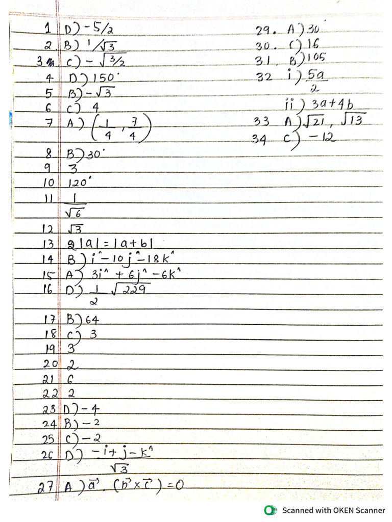 Vectors Answer Key | PDF