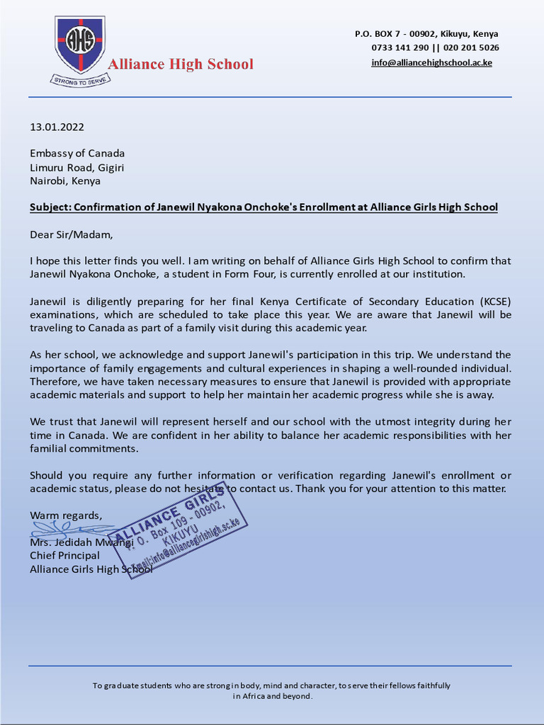 Confirmation of Enrollment at Alliance Girls | PDF