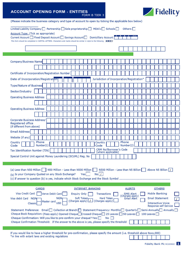 Fidelity Corporate Account Opening Form | PDF | Banks | Cheque