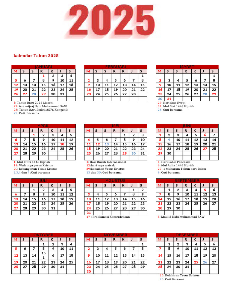 Kalender Tahun 2025 | PDF