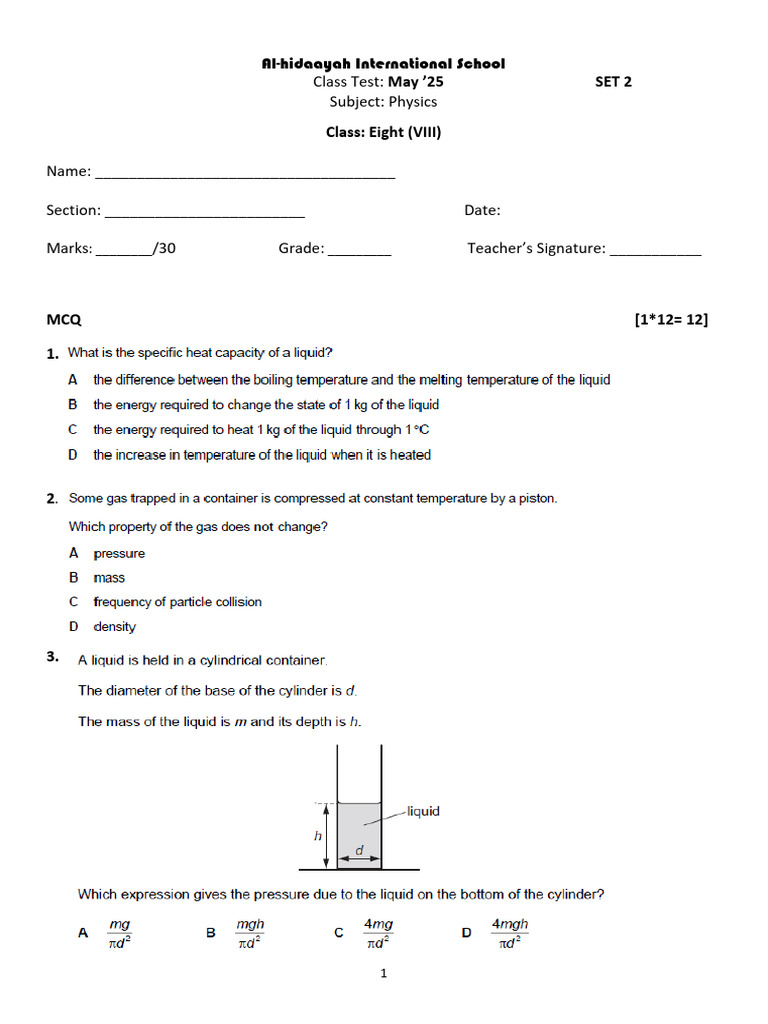 Grade 8 Physics Final Term CT2 Set2 | PDF