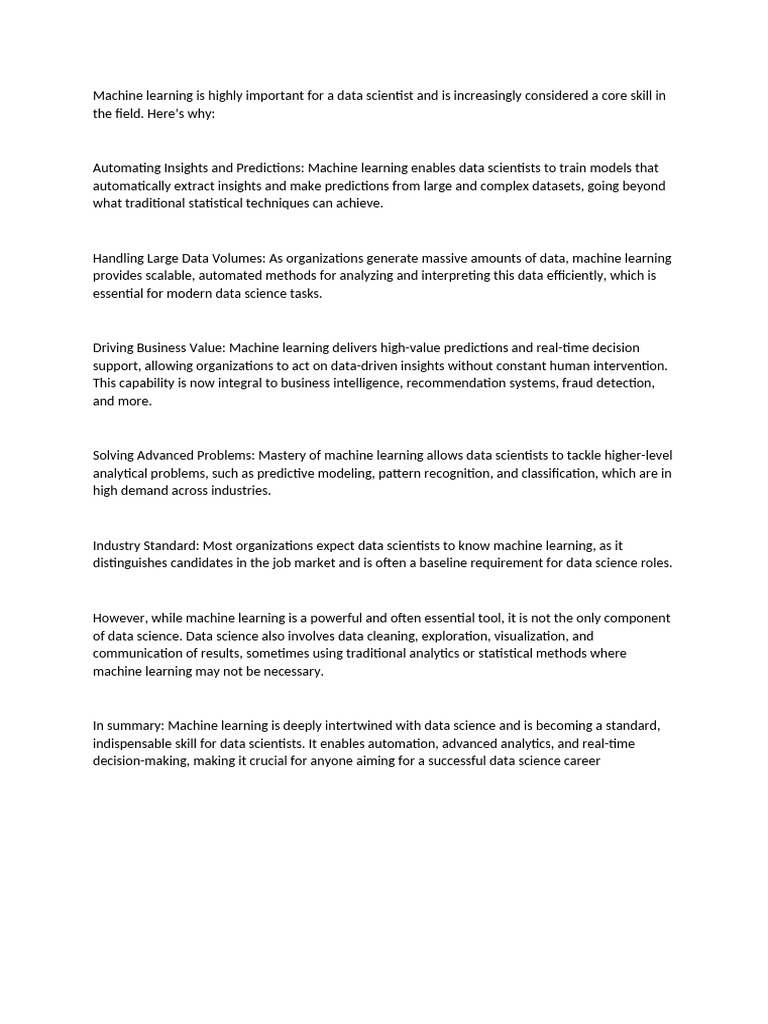How Important Is Machine Learning For A Data Scientist | PDF