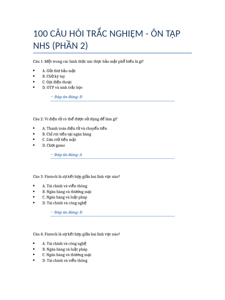 100 Cau Trac Nghiem NHS Phan2 | PDF
