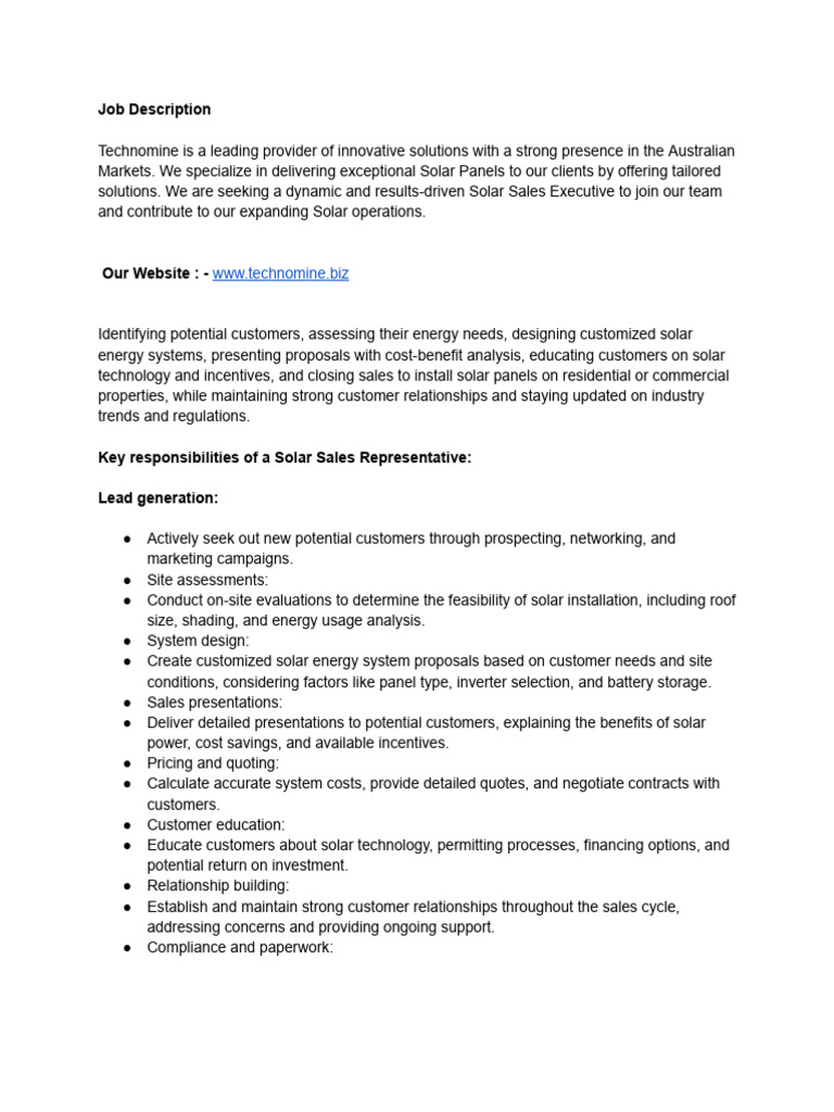 Solar Sales Executive Job Opportunity | PDF | Solar Power | Customer ...