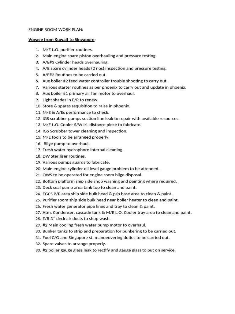Engine Room Work Plan: Kuwait to Singapore | PDF