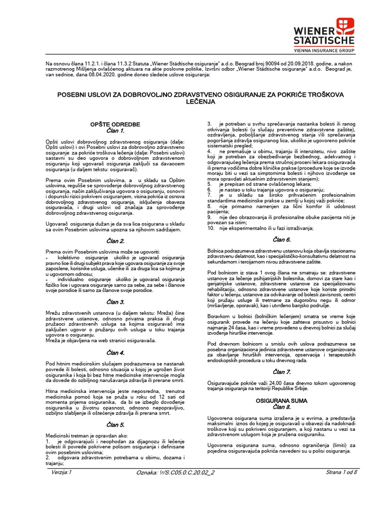 Posebni Uslovi Za Dobrovoljno Zdravstveno Osiguranje Za Pokrice ...