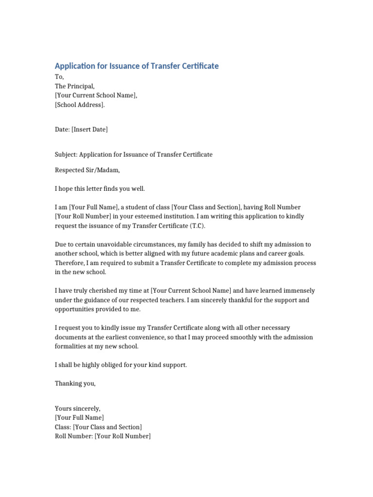 Transfer Certificate Application | PDF