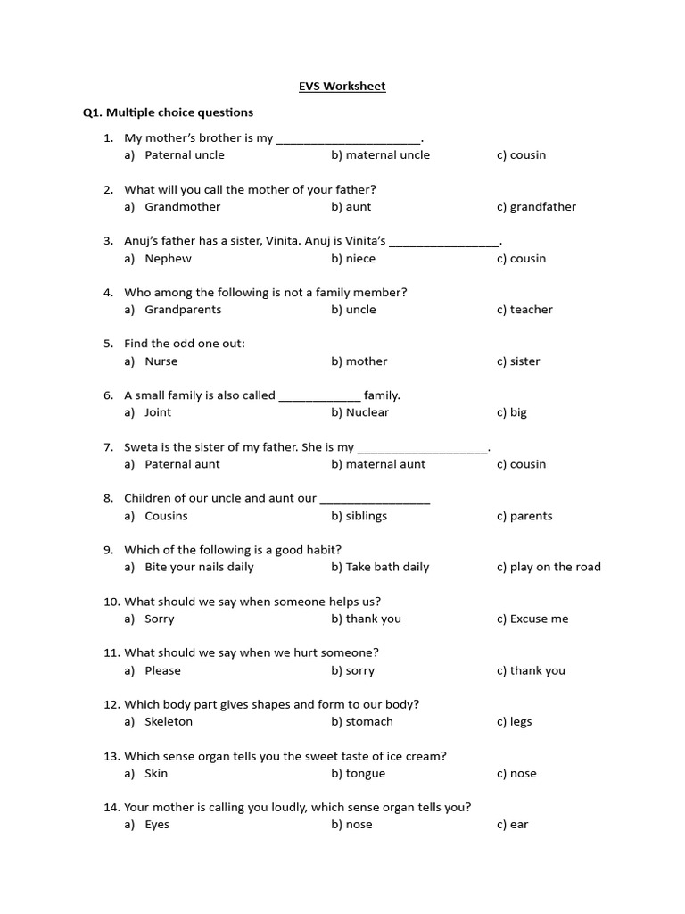 Multiple Choice Questions EVS | PDF | Grandparent | Family