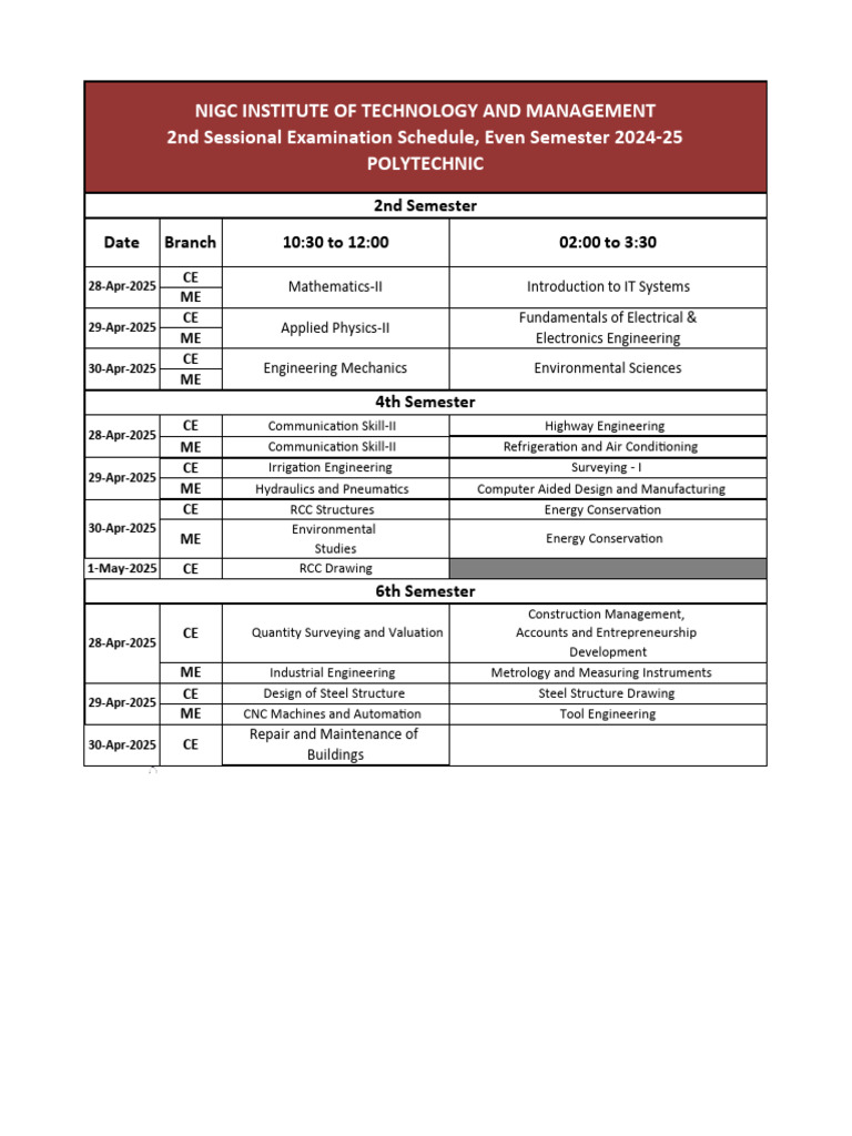 Sessional Examination Schedule, April 2025 | PDF | Engineering | Computer Programming