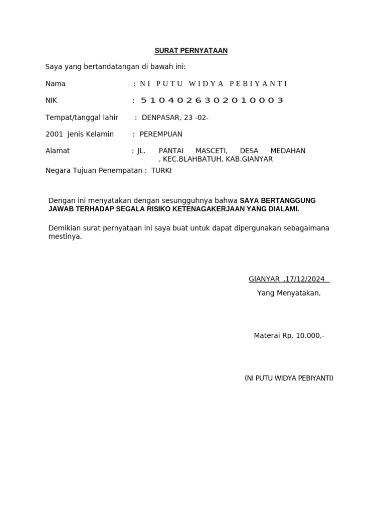 Surat Pernyataan Bertanggung Jawab Terhadap Segala Risiko Ketenagakerjaan Widya Salinan | PDF