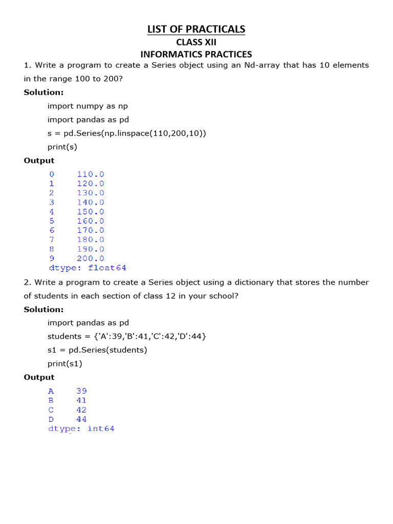 CLASS XII - IP List of Practicals With Coding 2020 | PDF | Data Management Software