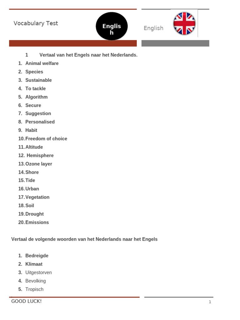 Vocabulary Test: Englis H | PDF