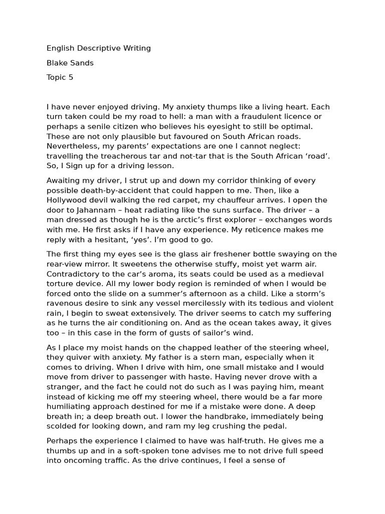 English Descriptive Writing Term 1 - Blake Sands | PDF