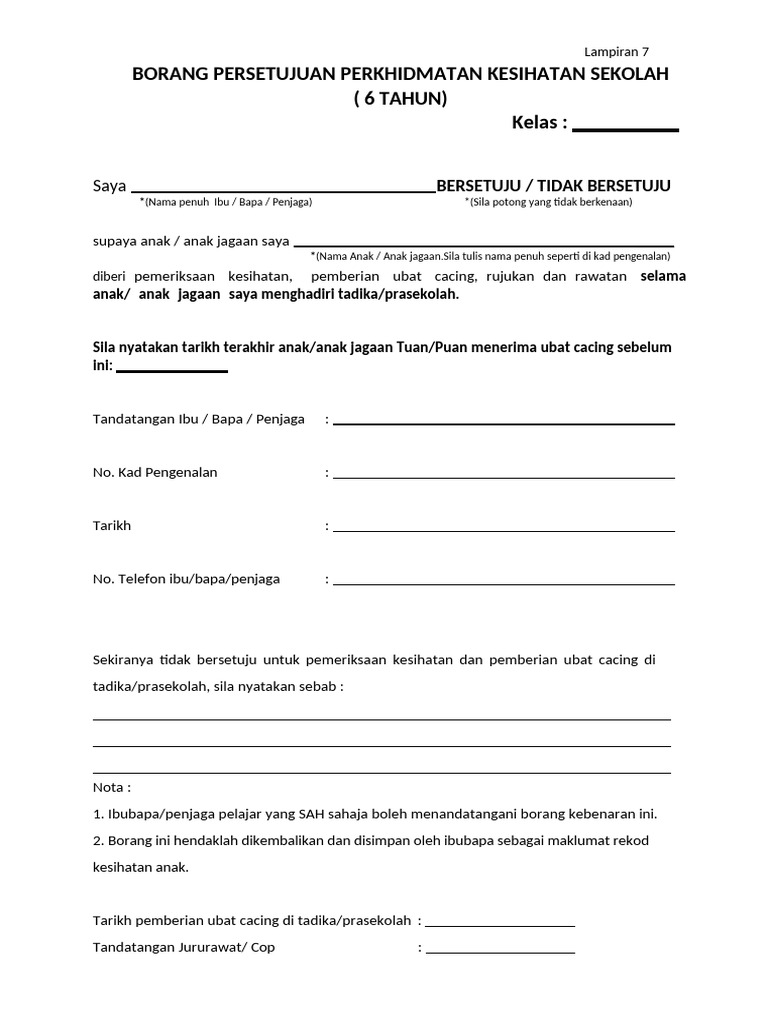 Lampiran 7 BORANG KEBENARAN PERKHIDMATAN KESIHATAN SEKOLAH 6 TAHUN | PDF