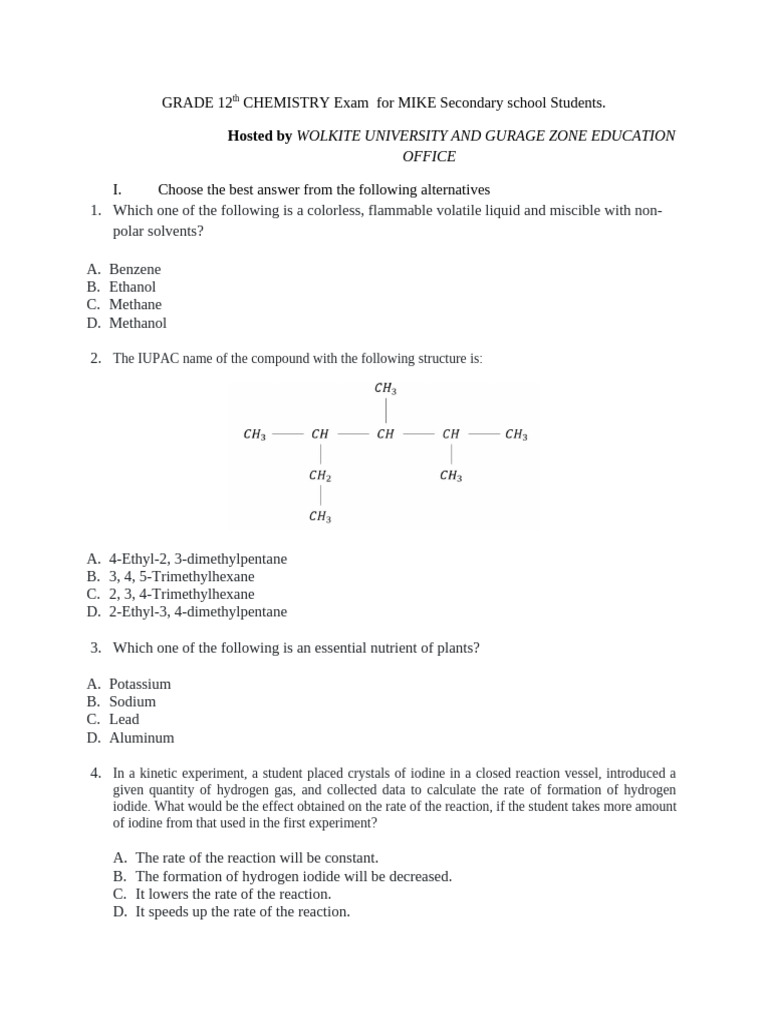 GRADE 12th CHEMISTRY TEST For MIKE Secondary School Students | PDF ...