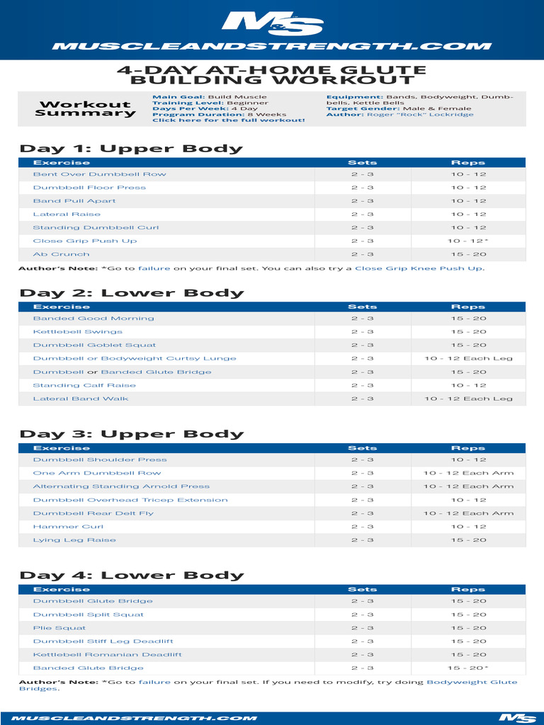 4 Day at Home Glute Building Work Out | PDF | Kettlebell | Physical Fitness