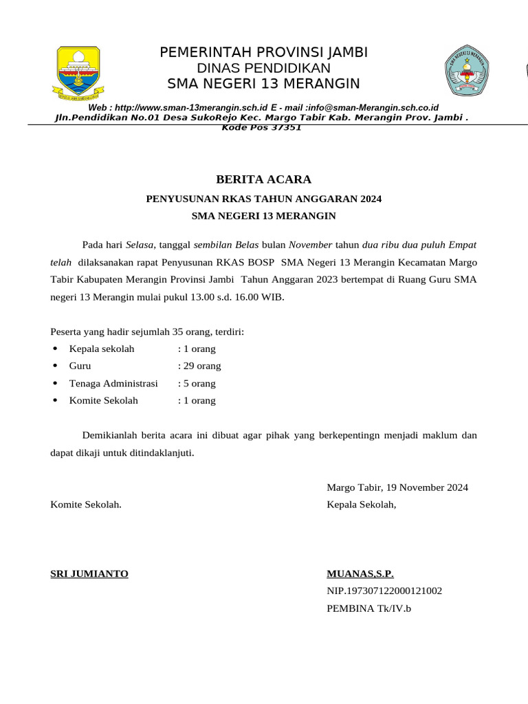 Berita Acara Penyusunan RKAS 2024 | PDF