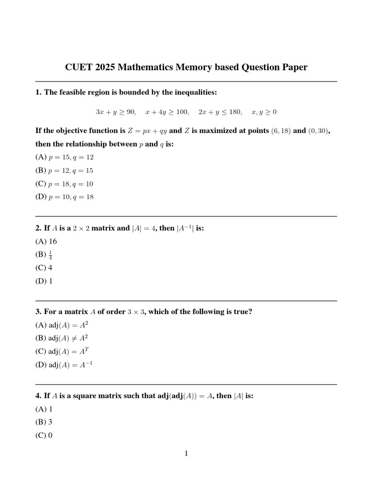 Cuet 2025 Mathematics Question Paper | PDF