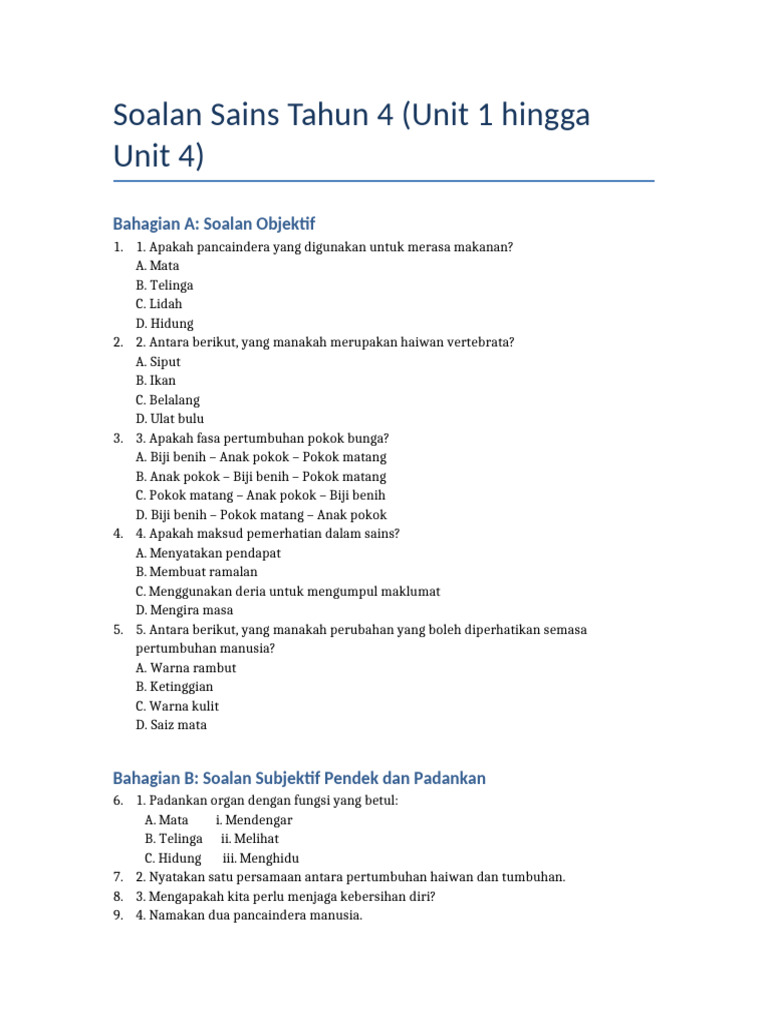 Soalan Sains Tahun 4 Unit 1 Hingga Unit 4 | PDF