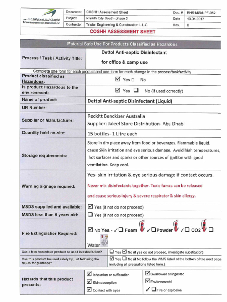 Dettol Disinfectant COSHH Assessment | PDF