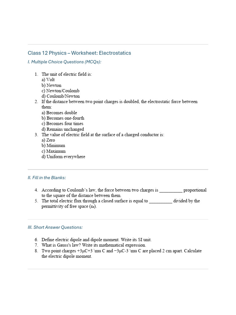 Class 12 Physics - Worksheet: Electrostatics: I. Multiple Choice Questions (MCQS) | PDF