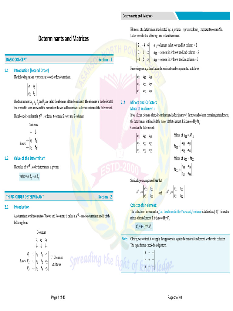 Xii Maths, Matrices & Determinants Study Notes | PDF
