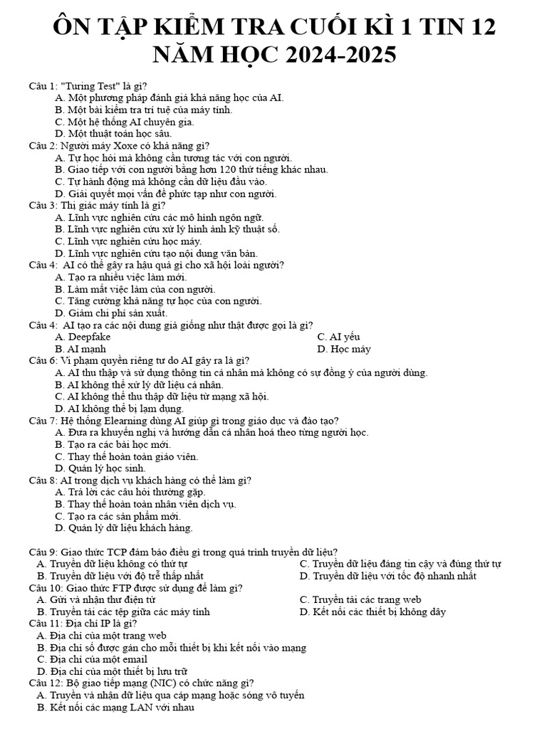 ÔN TẬP CUOI HỌC KÌ 1 - TIN HỌC 12 - 2024-2025 | PDF