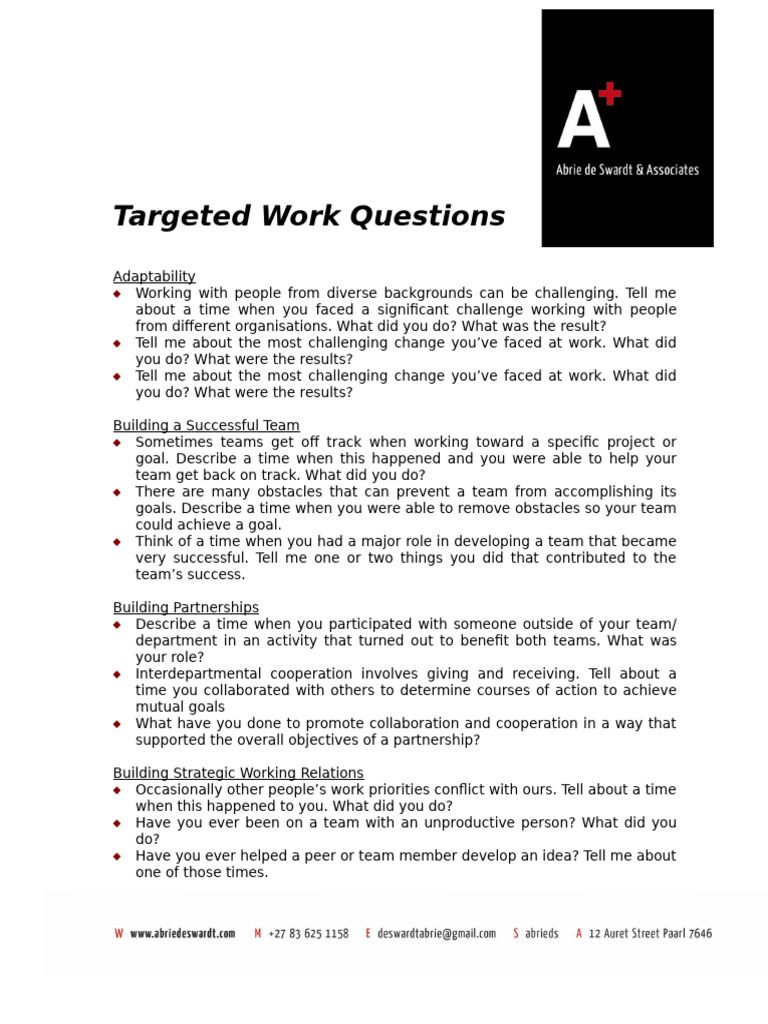 Abrie de Swardt & Associates - Targeted Work Questions | PDF ...