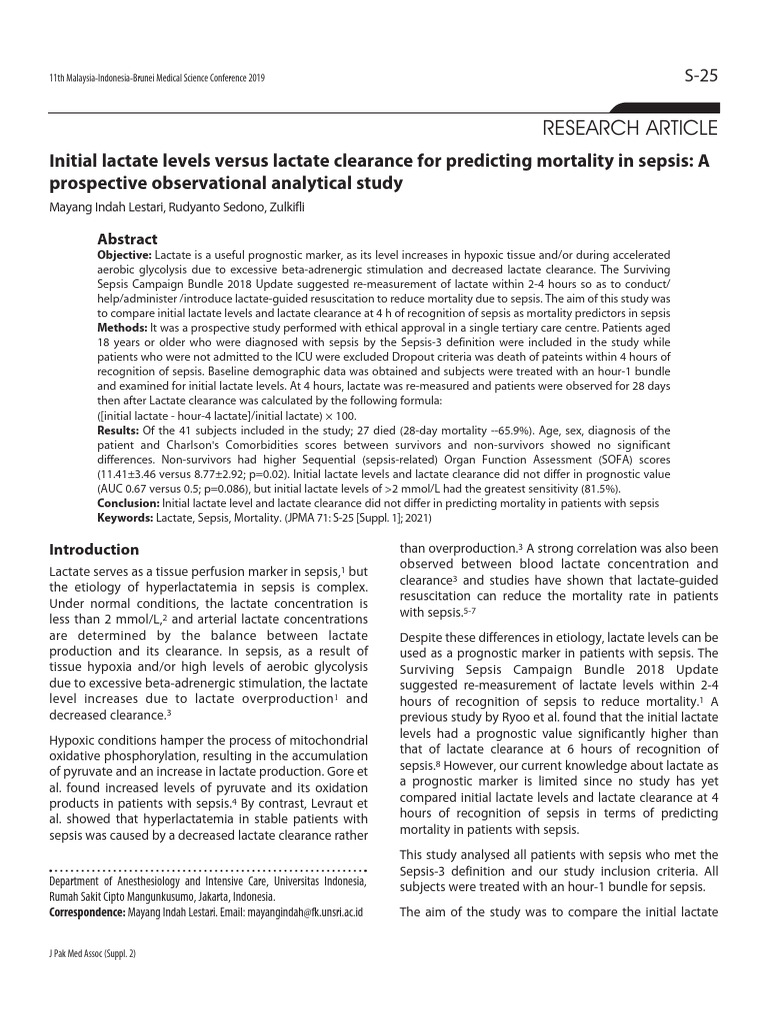 Initial Lactate Levels Versus Lactate Clearance For Predicting ...