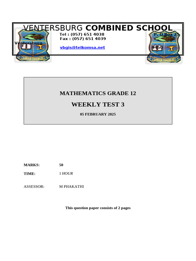 GRADE 12 Class Test On Functions and Inverses | PDF