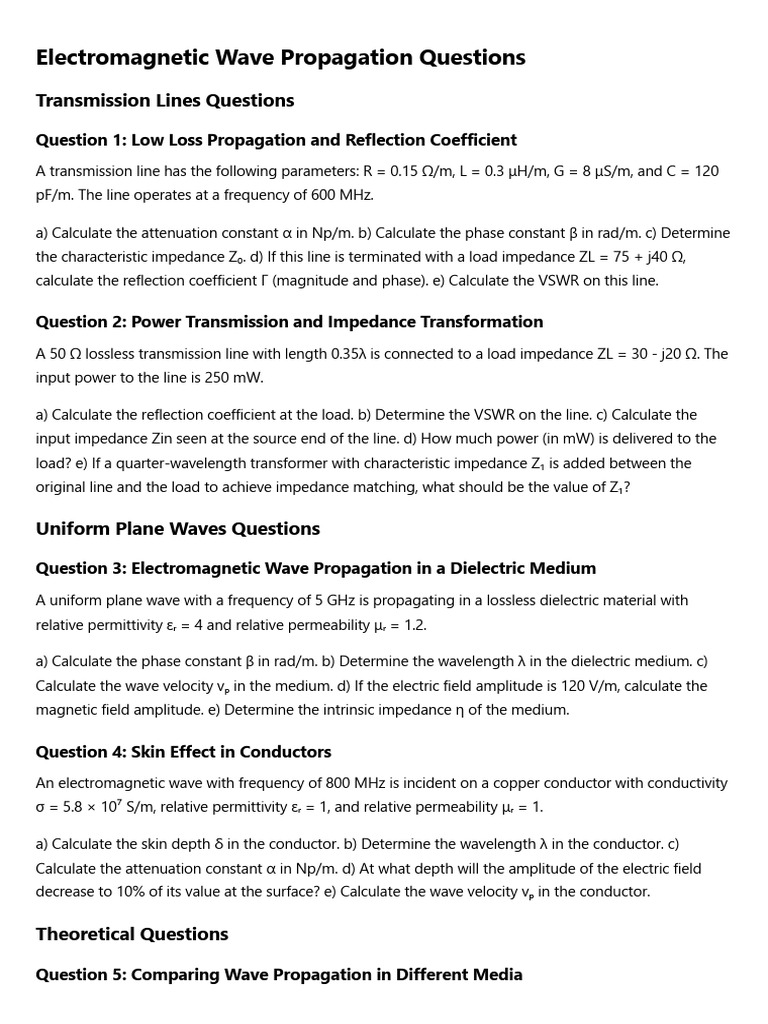 Electromagnetic Wave Propagation Questions | PDF | Waves | Transmission ...