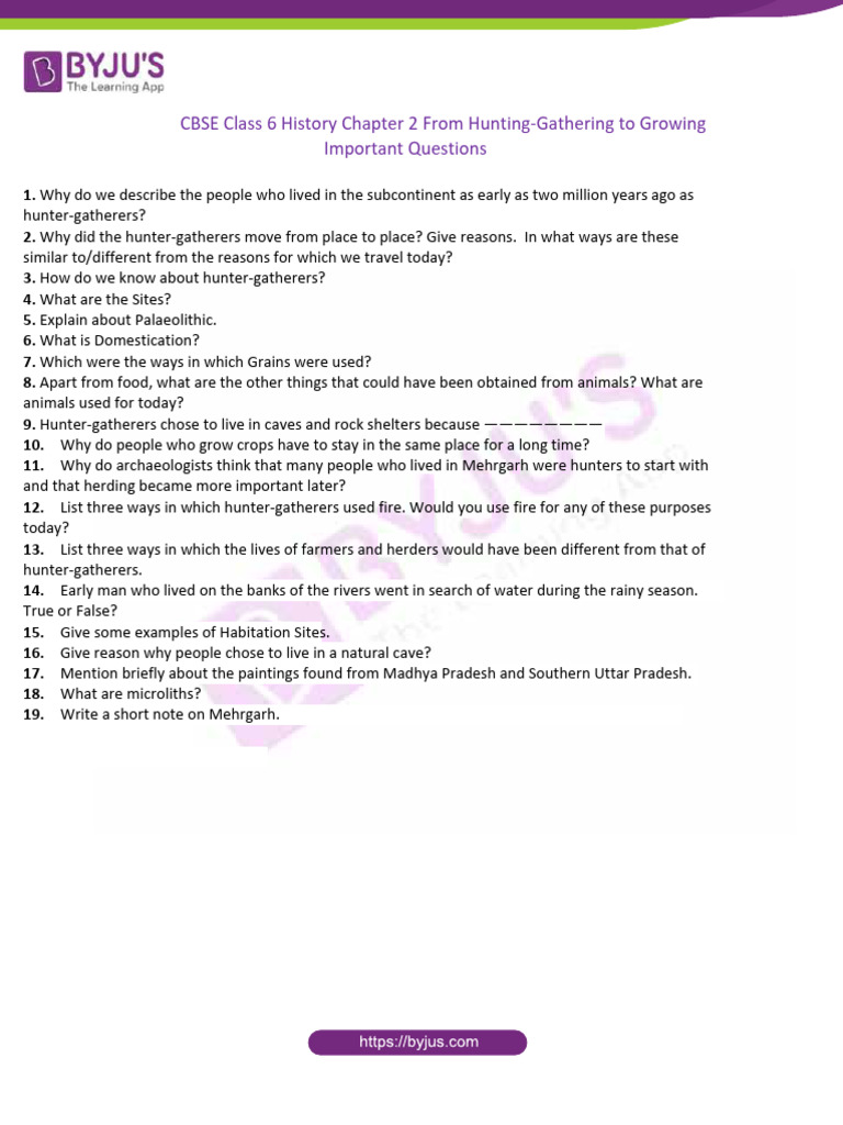 CBSE Class 6 History Chapter 2 From Hunting Gathering To Growing Important Questions | PDF