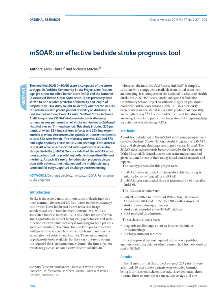 mSOAR Score: Predicting Stroke Outcomes | PDF | Stroke | Nervous System